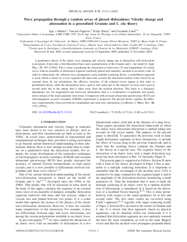 (PDF) Wave propagation through a random array of pinned dislocations: Velocity change and ...