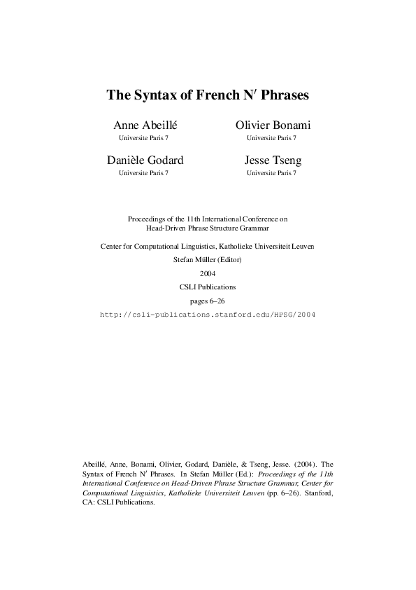 (PDF) The Syntax of French N′ Phrases | Jesse Tseng - Academia.edu