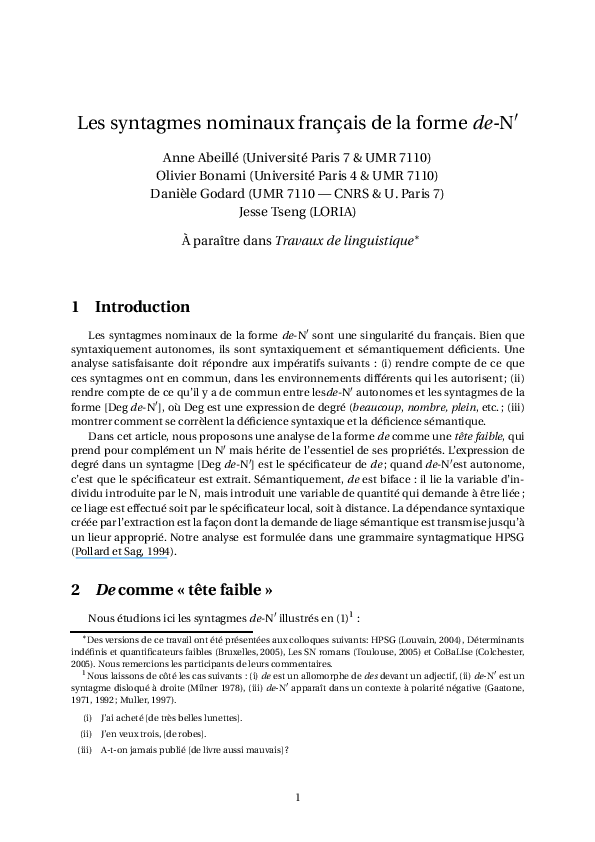 (PDF) Les syntagmes nominaux français de la forme de-N