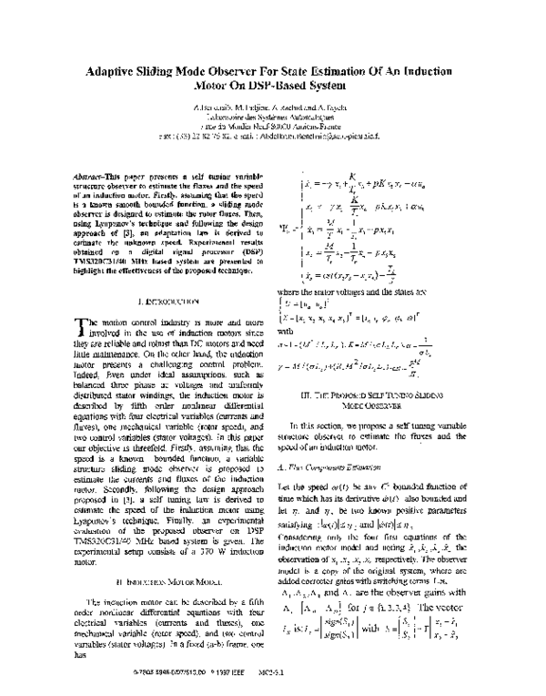 Pdf Adaptive Sliding Mode Observer For State Estimation Of An Induction Motor On Dsp Based System