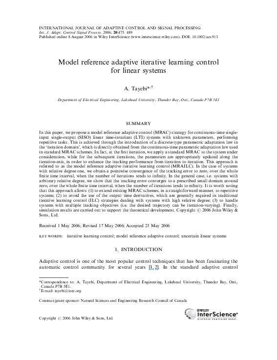 Pdf Model Reference Adaptive Iterative Learning Control For Linear Systems