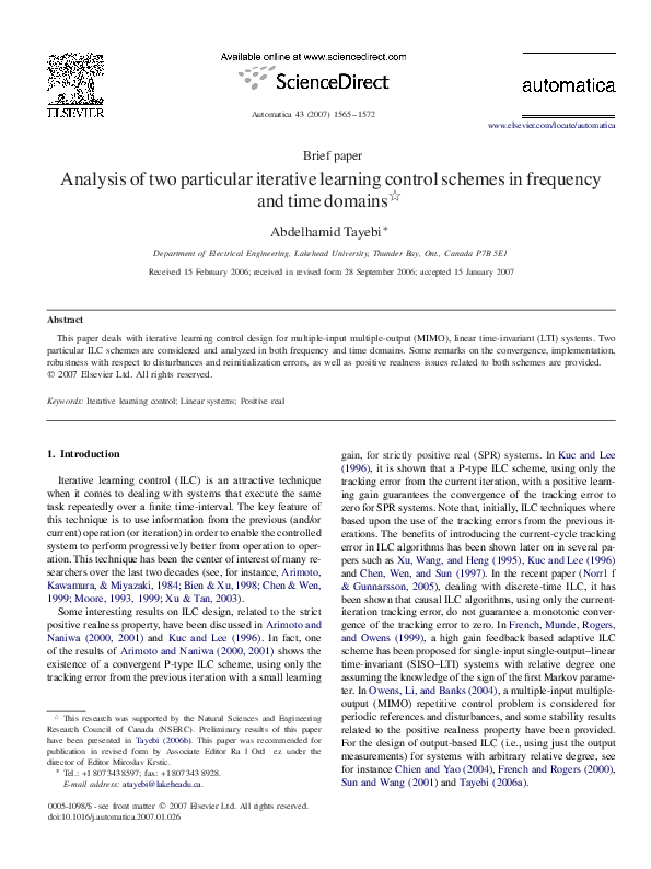 Pdf Analysis Of Two Particular Iterative Learning Control Schemes In