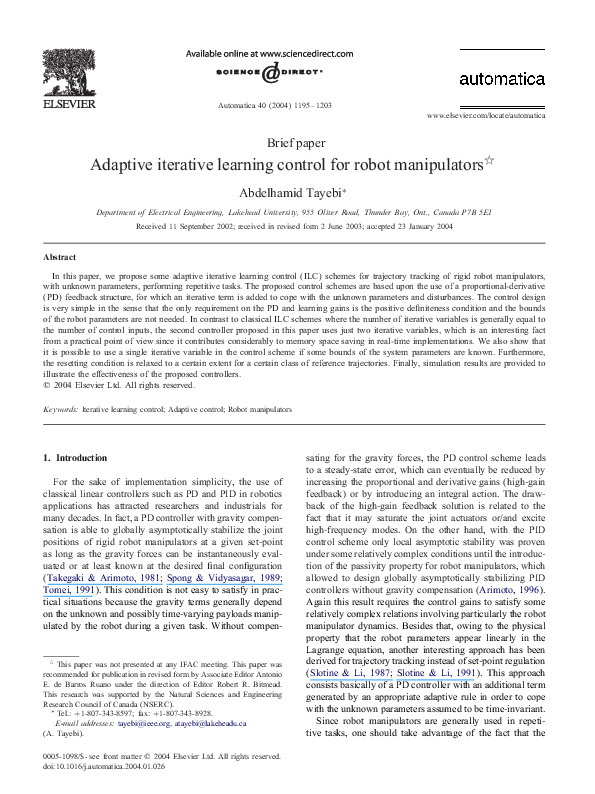 Pdf Adaptive Iterative Learning Control For Robot Manipulators Abdelhamid Tayebi