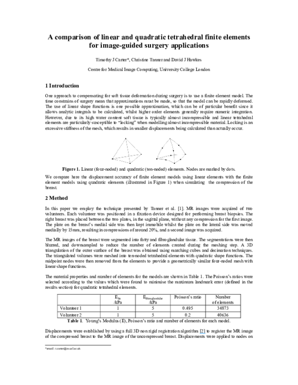 Pdf A Comparison Of Linear And Quadratic Tetrahedral Finite Elements For Image Guided Surgery