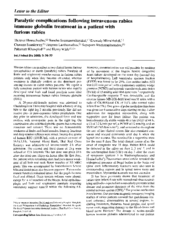 (PDF) Paralytic complications following intravenous rabies immune ...