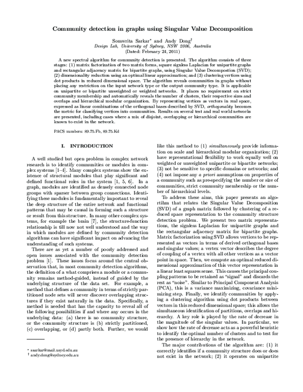 Pdf Community Detection In Graphs Using Singular Value Decomposition
