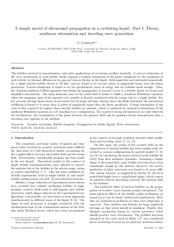 Pdf A Simple Model Of Ultrasound Propagation In A Cavitating Liquid Part I Theory Nonlinear