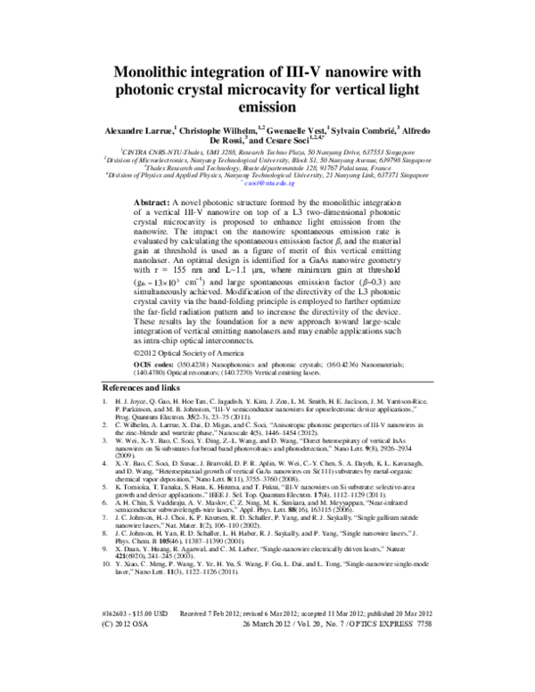 Pdf Monolithic Integration Of Iii V Nanowire With Photonic Crystal
