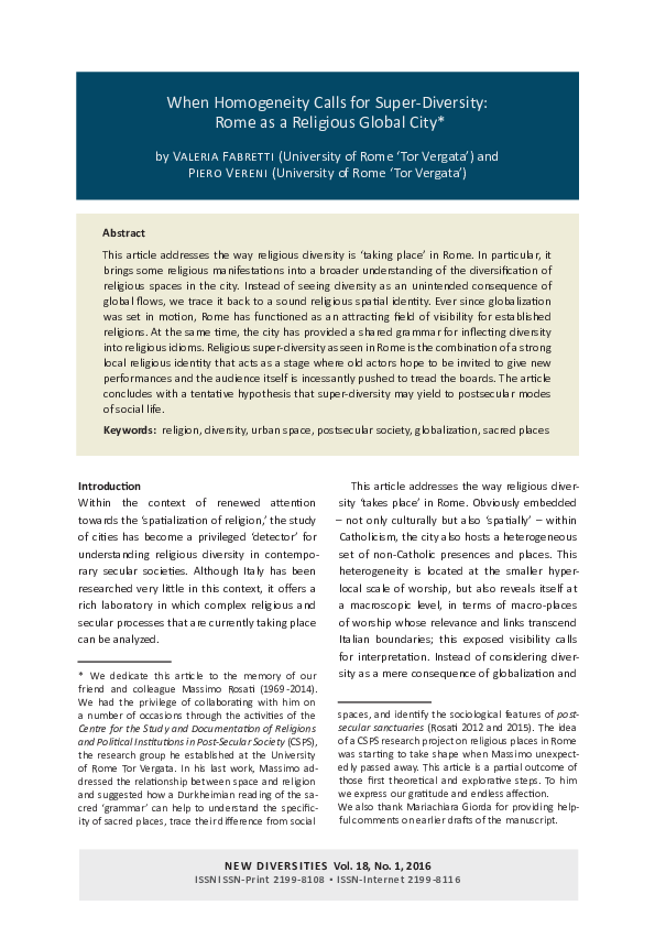 (PDF) When Homogeneity Calls for Super-Diversity: Rome as a Religious ...