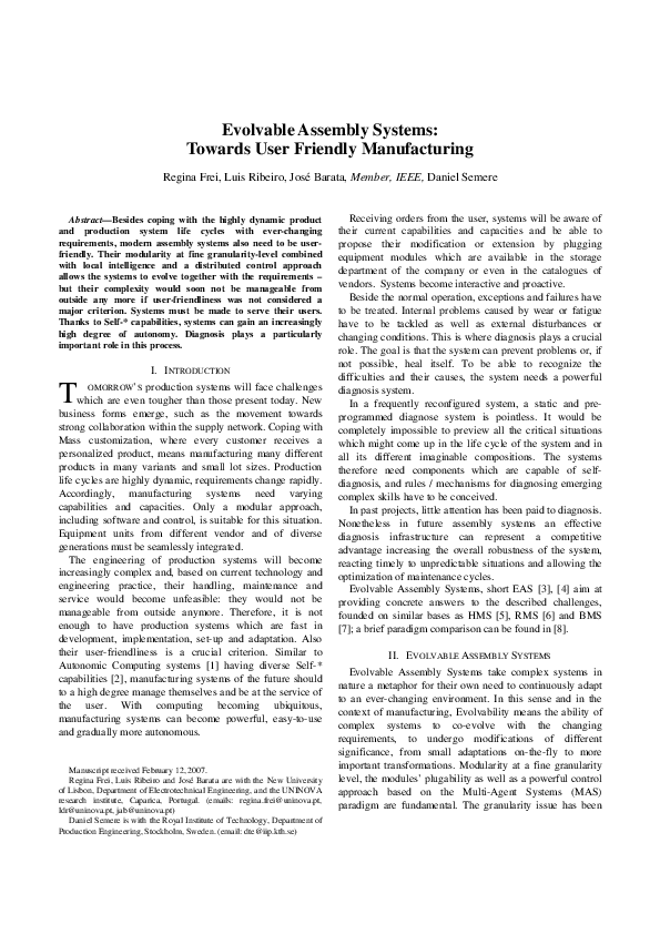 (PDF) Evolvable Assembly Systems: Towards User Friendly Manufacturing | Jose Barata - Academia.edu