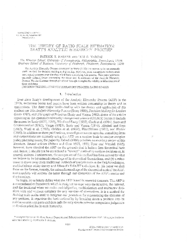 (PDF) The Theory of Ratio Scale Estimation: Saaty's Analytic Hierarchy Process