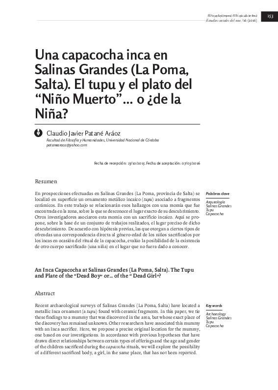 (PDF) Una capacocha Inca en Salinas Grandes (La Poma, Salta). El tupu y ...