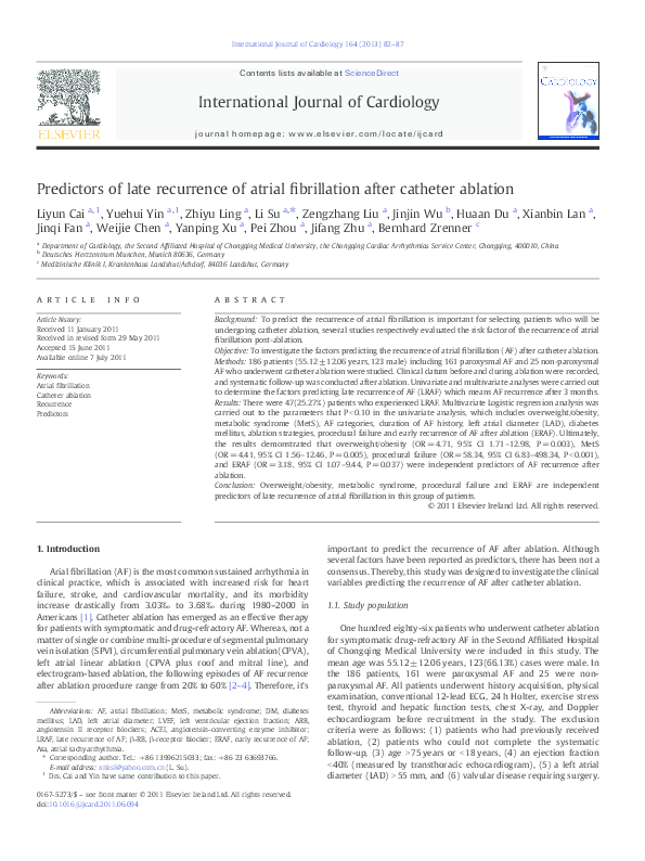 Pdf Predicting Recurrent Atrial Fibrillation After Catheter Ablation Milan Marinkovic