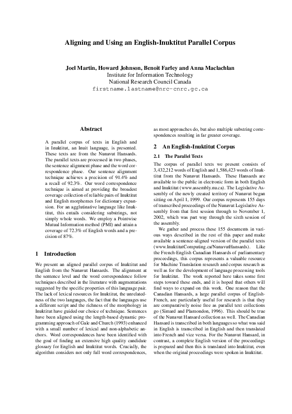 (PDF) Aligning and using an English-Inuktitut parallel corpus