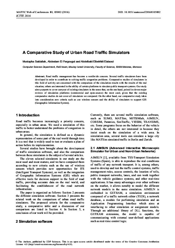 (PDF) A Comparative Study of Urban Road Traffic Simulators