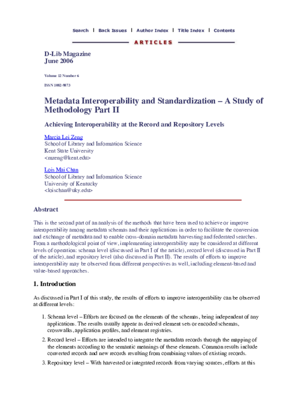 (PDF) Metadata Interoperability and Standardization - A Study of Methodology Part II: Achieving ...
