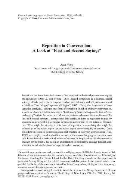 (PDF) Repetition in Conversation: A Look at "First and Second Sayings