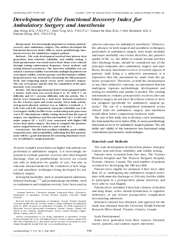 (PDF) Development of the Functional Recovery Index for Ambulatory ...