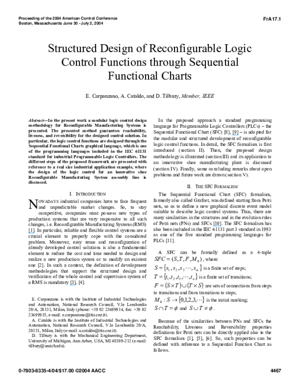 Pdf Structured Design Of Reconfigurable Logic Control Functions Through Sequential Functional