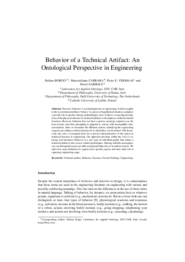 (PDF) Behavior of a Technical Artifact: An Ontological Perspective in Engineering