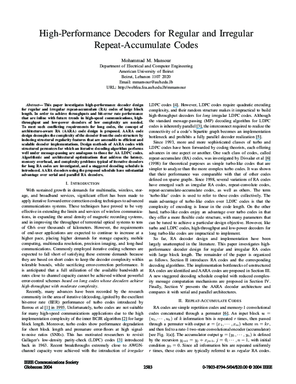 Pdf High Performance Decoders For Regular And Irregular Repeat Accumulate Codes