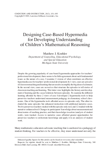 (PDF) Designing Case-Based Hypermedia for Developing Understanding of Children's Mathematical ...