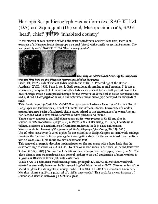 (PDF) Harappa Script hieroglyph + cuneiform text SAG-KU-ZI (DA) on ...