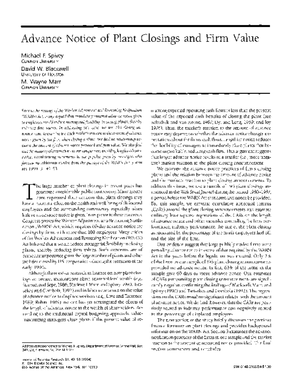 (PDF) Advance notice of plant closings and firm value