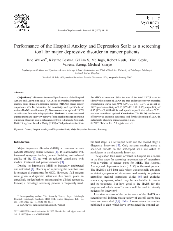 (PDF) Performance of the Hospital Anxiety and Depression Scale as a ...