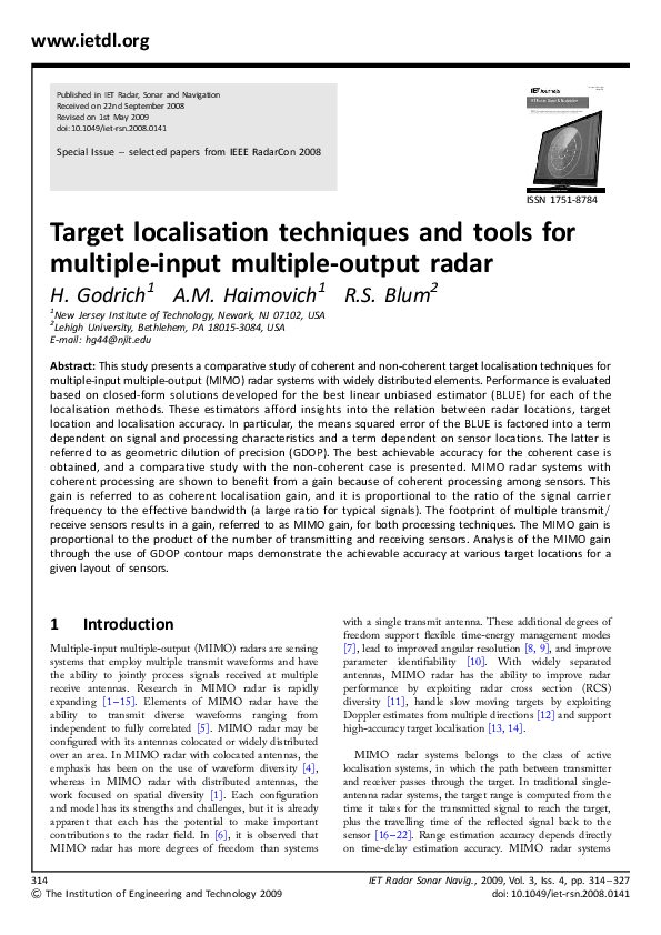 Pdf Target Localisation Techniques And Tools For Multiple Input Multiple Output Radar 0809