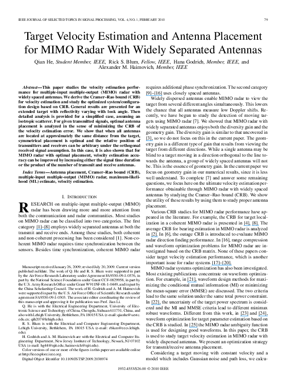 (PDF) Target Velocity Estimation and Antenna Placement for MIMO Radar With Widely Separated Antennas