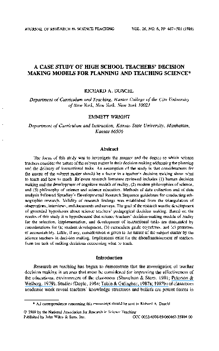 (PDF) A case study of high school teachers' decision making models for ...