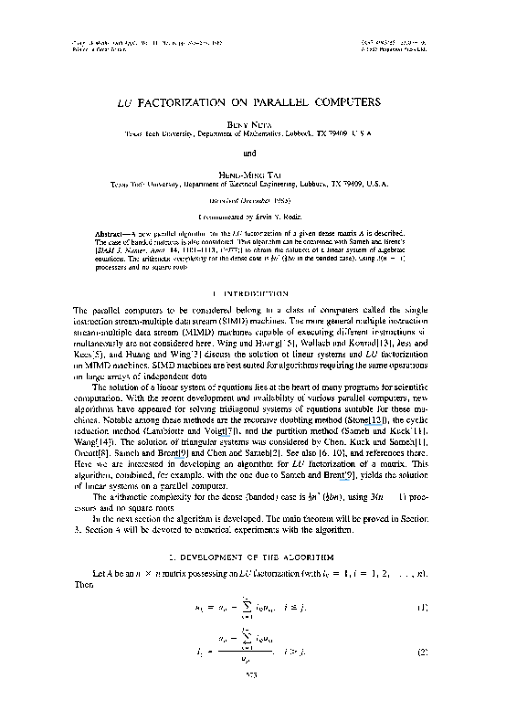 Pdf Lu Factorization On Parallel Computers