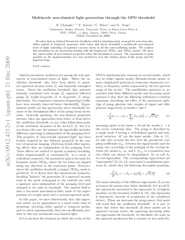 Pdf Multimode Nonclassical Light Generation Through The Optical Parametric Oscillator Threshold
