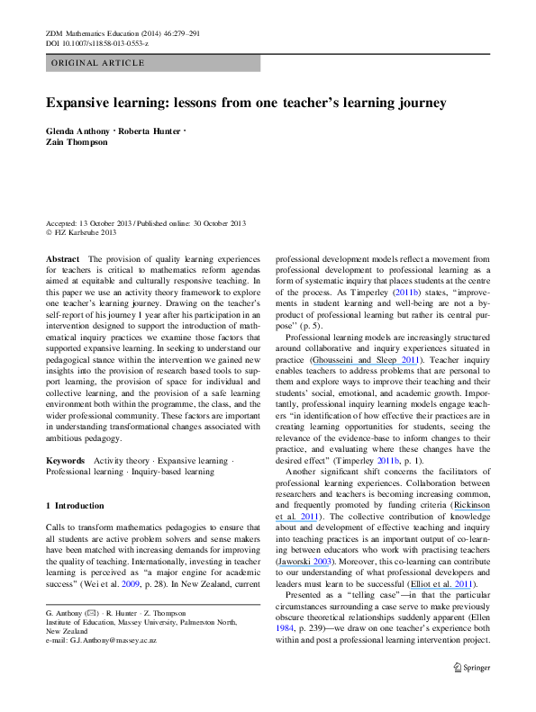 (PDF) Expansive learning: lessons from one teacher’s learning journey