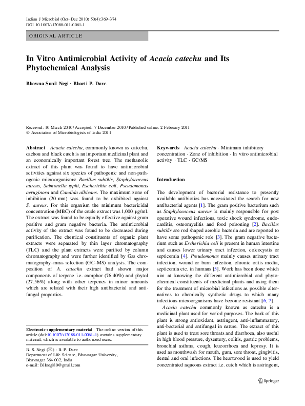 (PDF) In Vitro Antimicrobial Activity of Acacia catechu and Its Phytochemical Analysis
