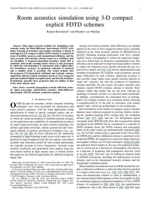 Pdf Room Acoustics Simulation Using 3 D Compact Explicit Fdtd Schemes