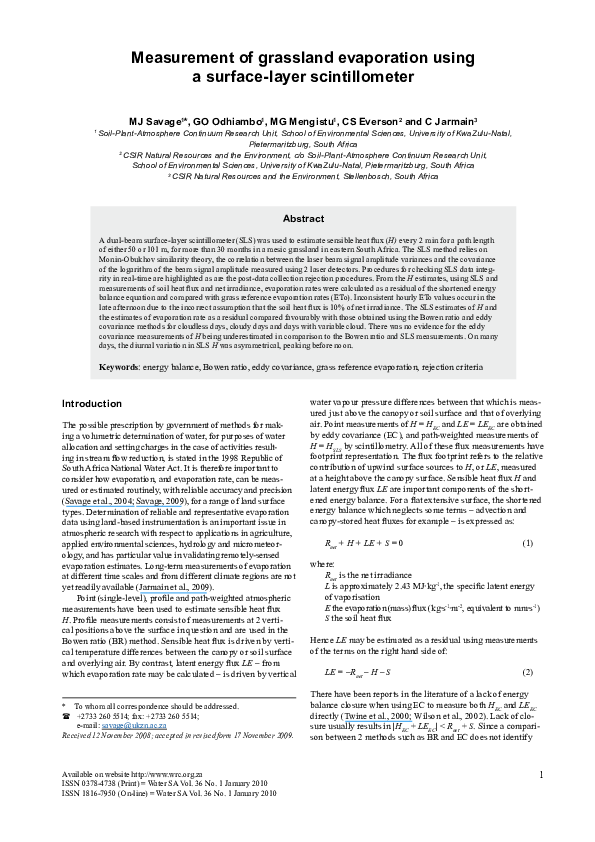 (PDF) Measurement of evaporation using a surface-layer scintillometer