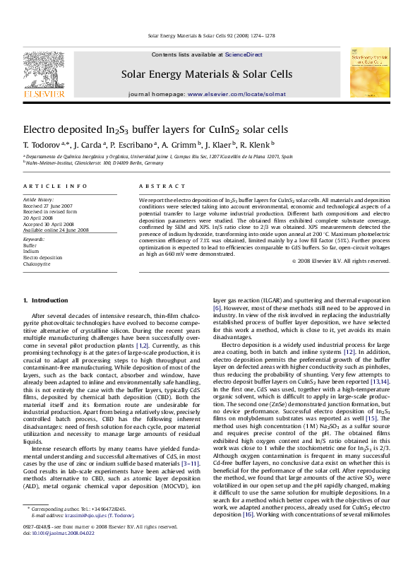 (PDF) Electro deposited In2S3 buffer layers for CuInS2 solar cells