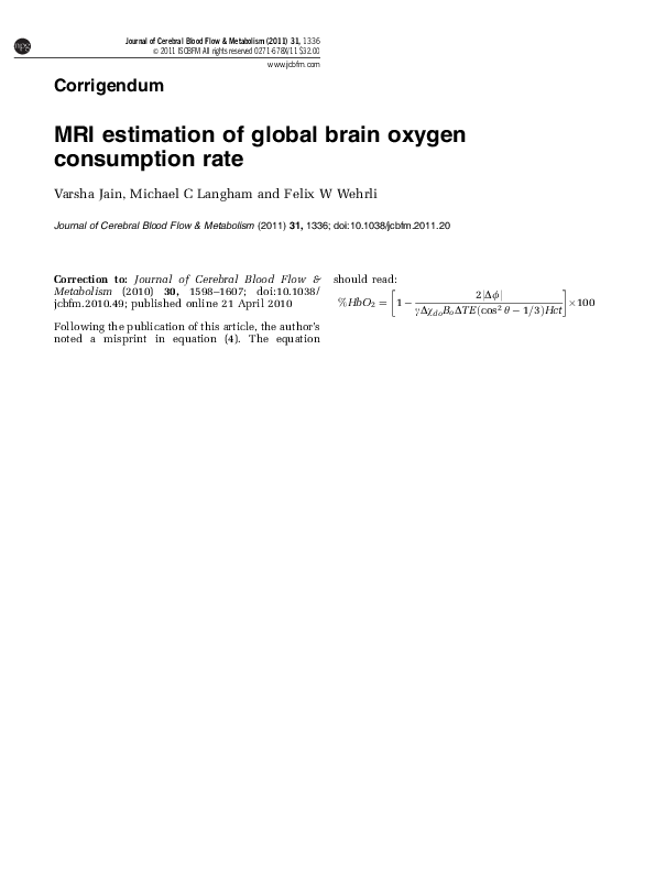 (PDF) MRI estimation of global brain oxygen consumption rate