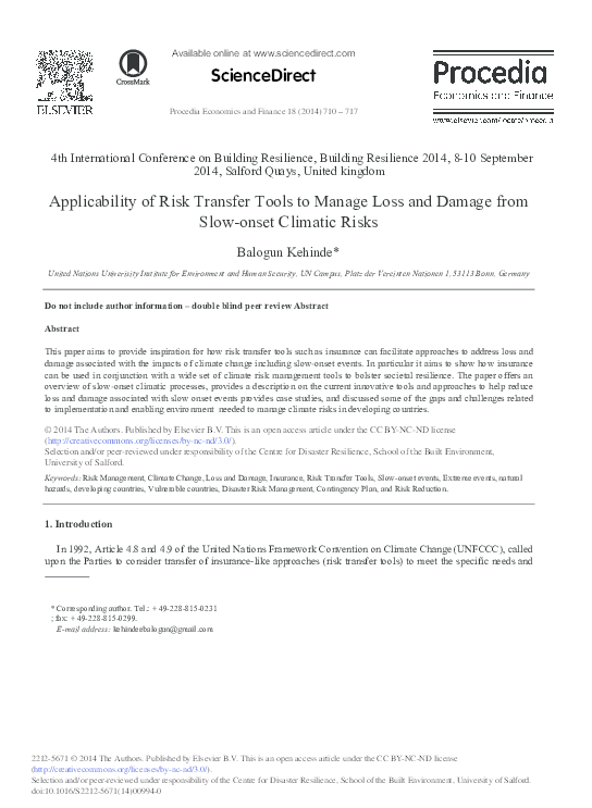 (PDF) Applicability of Risk Transfer Tools to Manage Loss and Damage ...