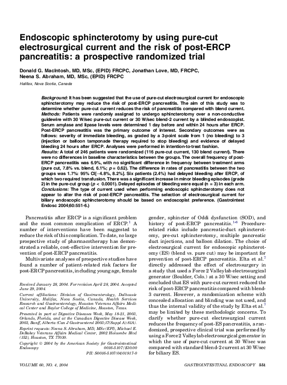 (PDF) Endoscopic sphincterotomy by using pure-cut electrosurgical current and the risk of post ...