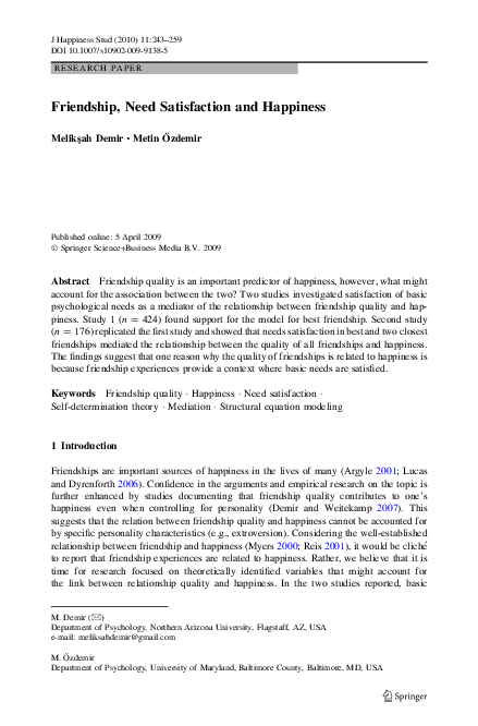 (PDF) Friendship, Need Satisfaction and Happiness