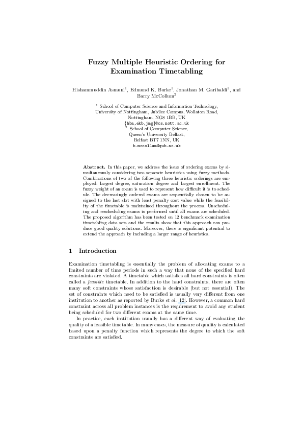 Pdf Fuzzy Multiple Heuristic Orderings For Examination Timetabling