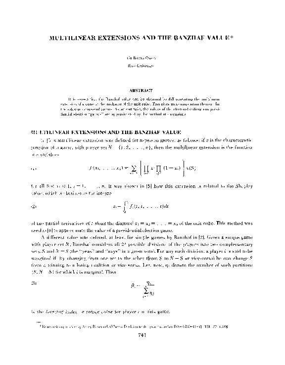 (PDF) Multilinear extensions and the banzhaf value