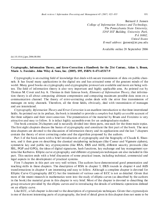 (PDF) Aiden A. Bruen and Mario A. Forcinito, Cryptography, Information ...