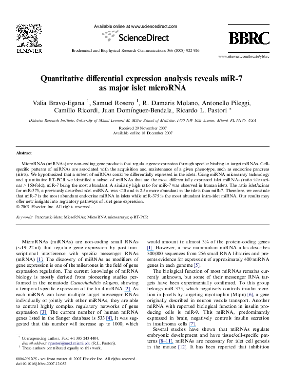(PDF) Quantitative differential expression analysis reveals miR-7 as major islet microRNA