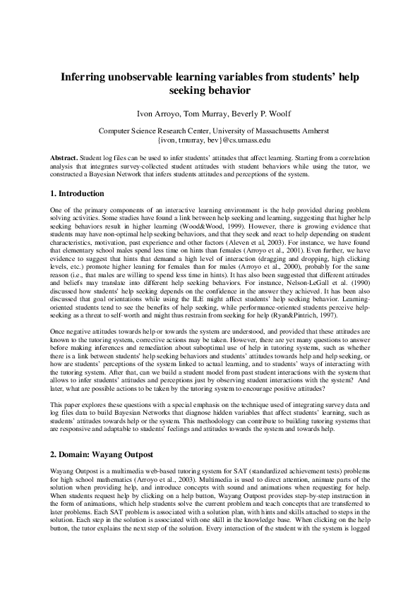 (PDF) Inferring Unobservable Learning Variables from Students' Help Seeking Behavior
