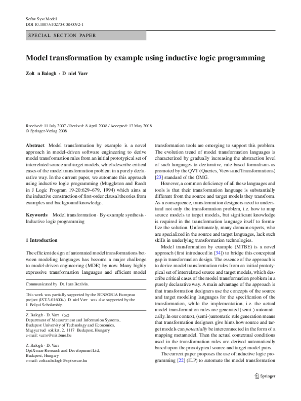 (PDF) Model transformation by example using inductive logic programming