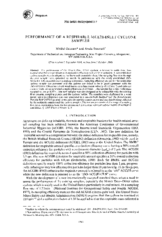(PDF) Performance of a respirable multi-inlet cyclone sampler